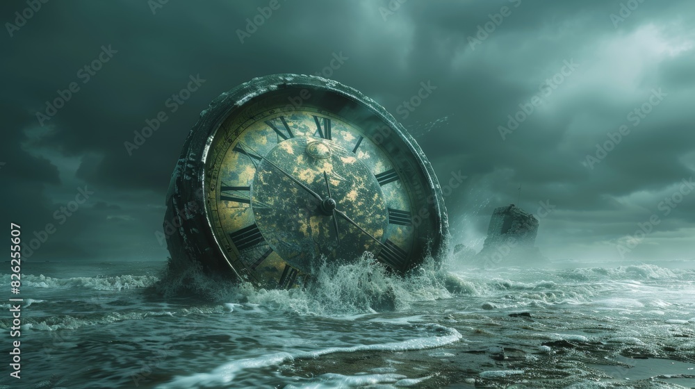 Surrealistic Melting Clock Tower in Desolate Landscape Under Cloudy Sky ...