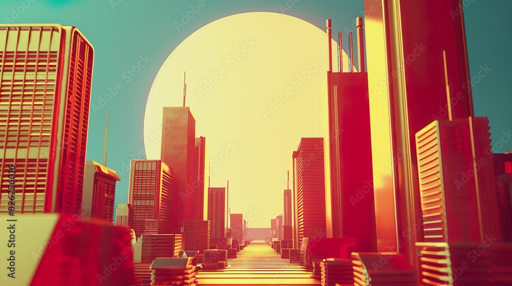 Capture an eye-level angle of a towering skyscraper, distorted by a ...