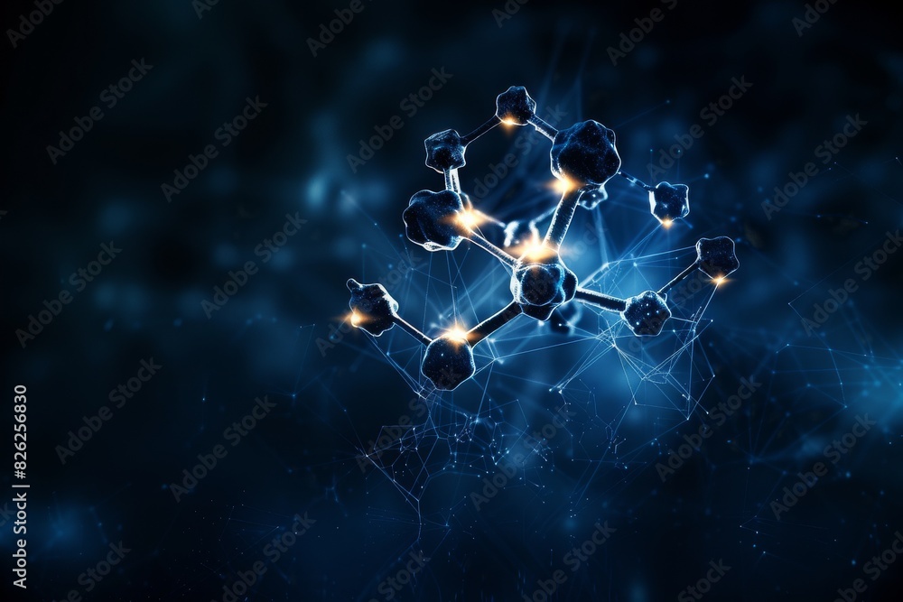 Molecular structure model glowing in dark lab, illustrating the ...