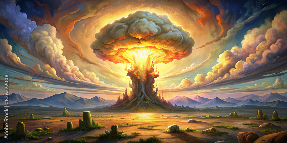 A dramatic depiction of a nuclear explosion with a massive mushroom ...
