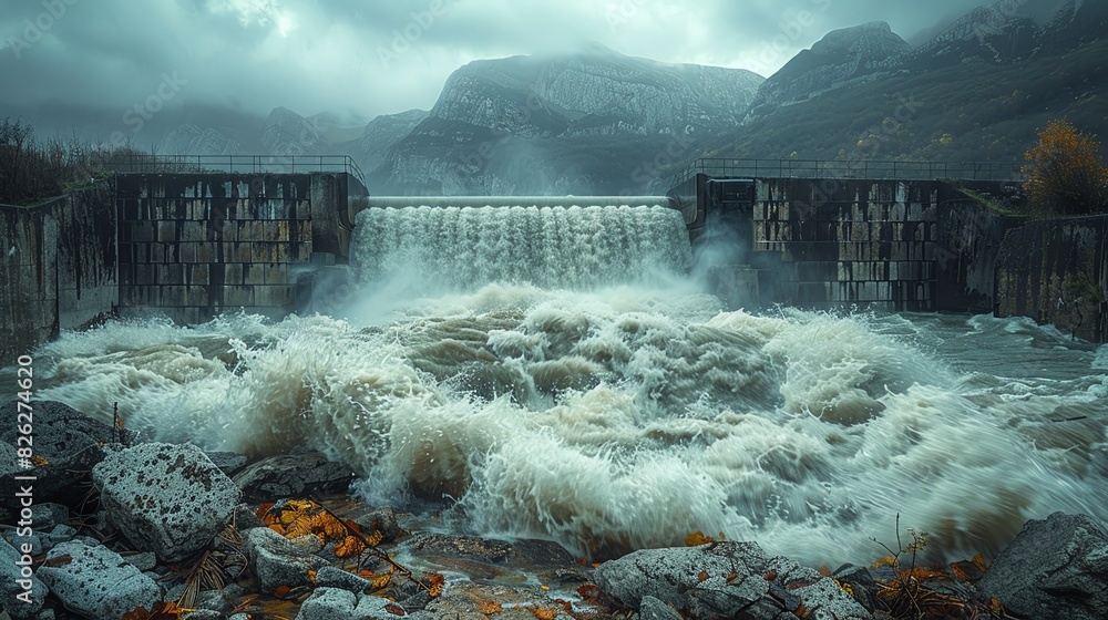 A photograph of a collapsed dam releasing a wall of water downstream ...