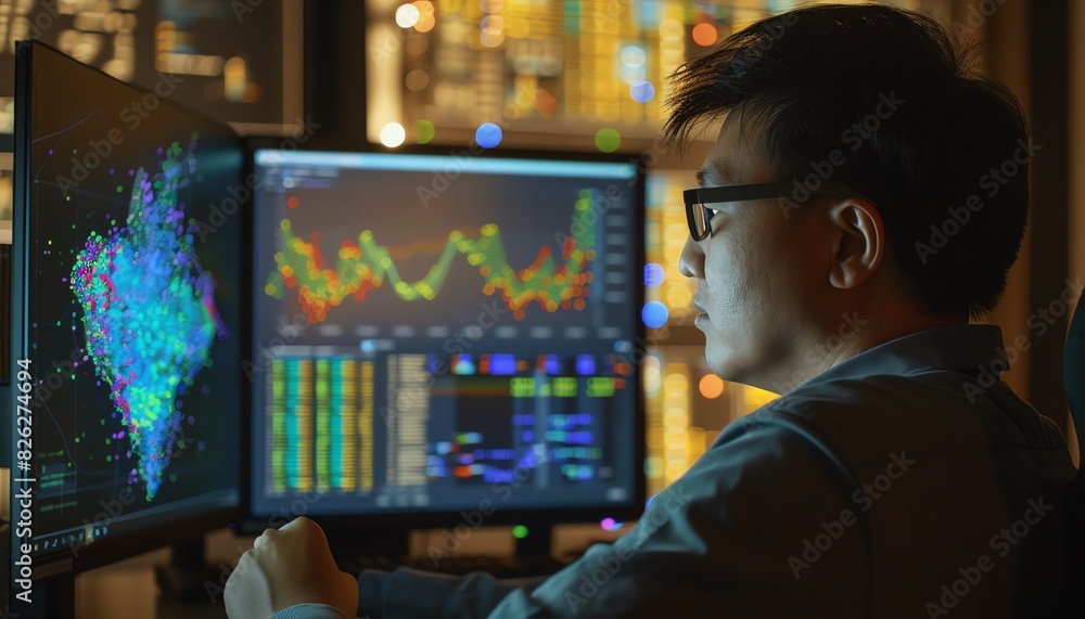 A professional data scientist using advanced data visualization tools ...