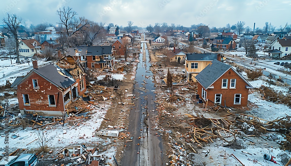 An aerial view of a tornado aftermath, with neighborhoods flattened and ...
