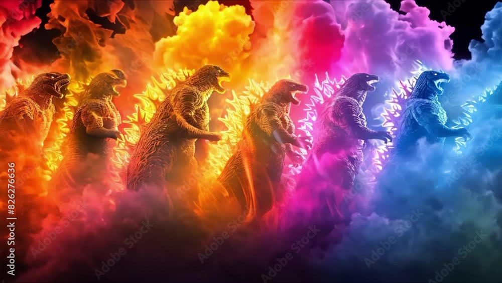 Row of colorful monster images resembling comic or game characters ...