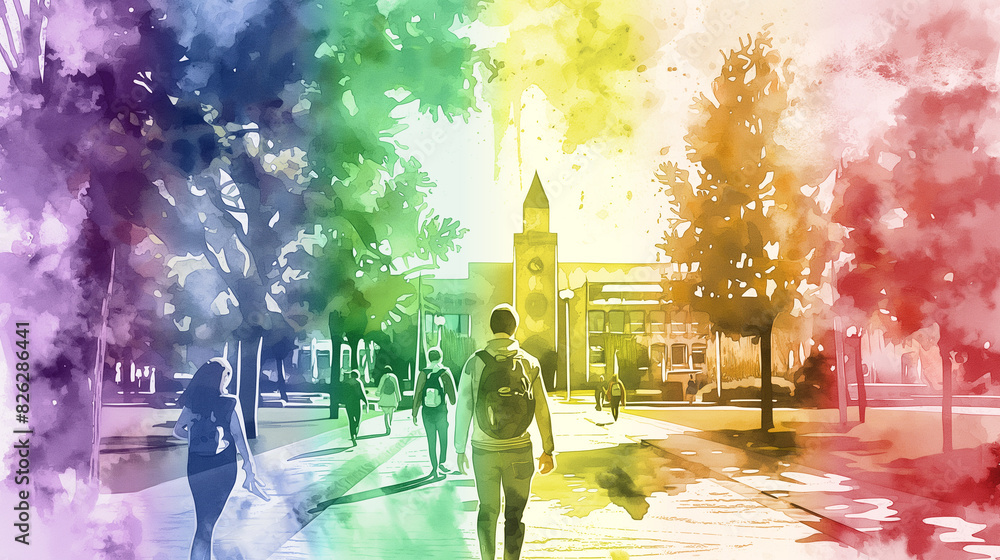 Watercolor Illustration of a University Campus with Rainbow Colors ...