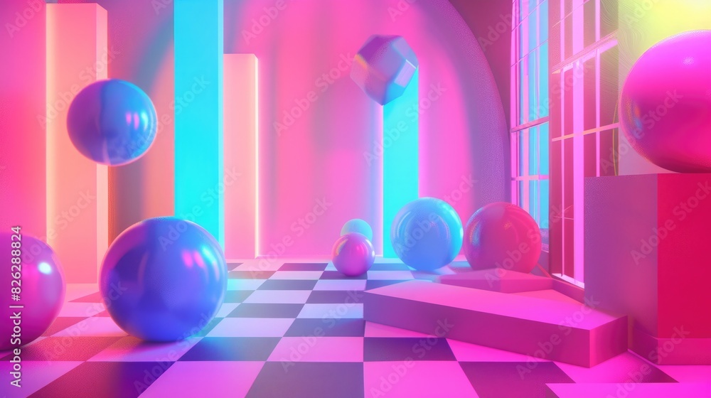 A 3D surreal room with geometric shapes on a checkerboard floor and in ...