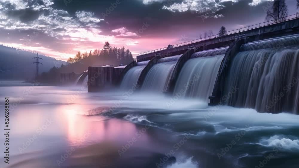 Hydroelectric power plant uses large turbines to convert falling water ...