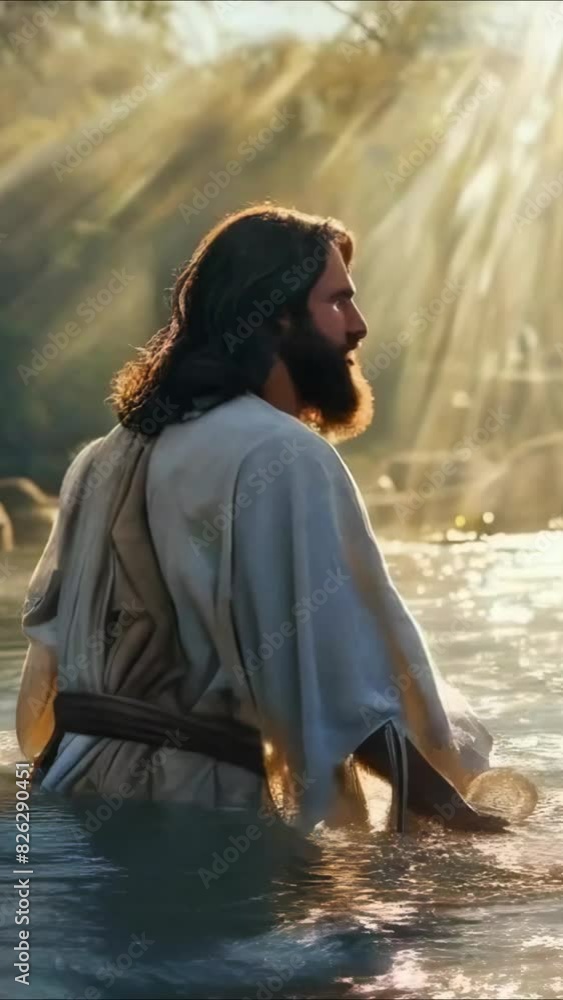 Jesus Christ baptism in jordan river in holy light rays - 4k 9x16 ...