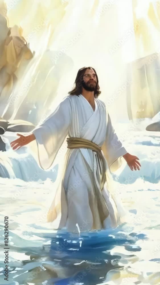 Jesus Christ baptism in jordan river in holy light rays - 4k 9x16 ...