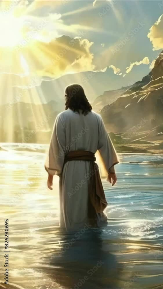 Jesus Christ baptism in jordan river in holy light rays - 4k 9x16 ...