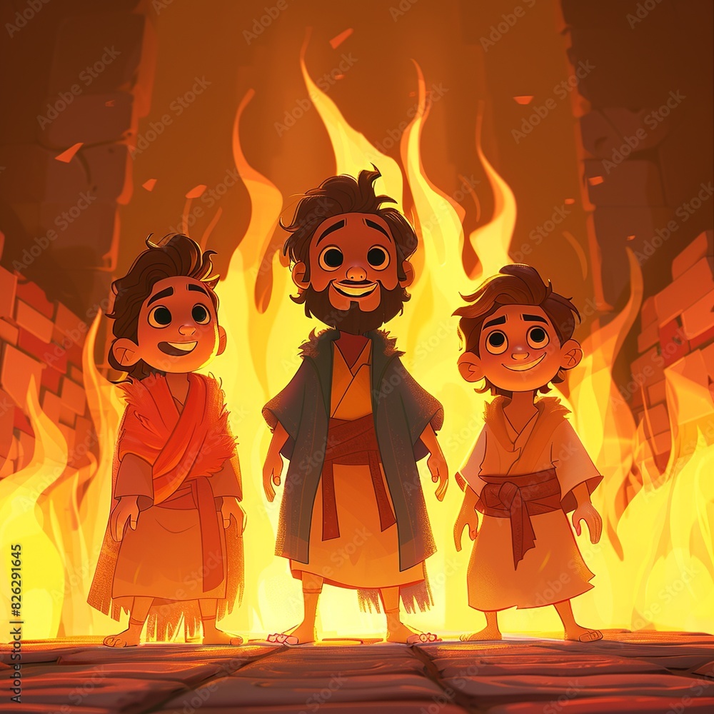 In a heartwarming cartoon scene, Shadrach, Meshach, and Abednego find ...