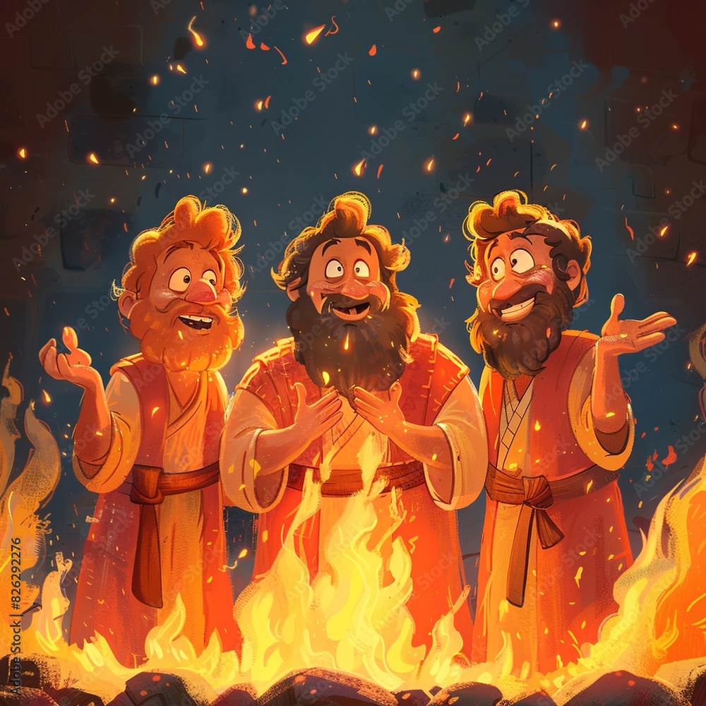 In a heartwarming cartoon scene, Shadrach, Meshach, and Abednego find ...