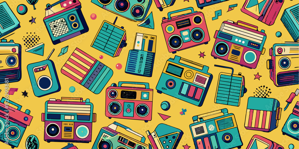 Vibrant, retro-themed pattern featuring colorful illustrations of 80s ...
