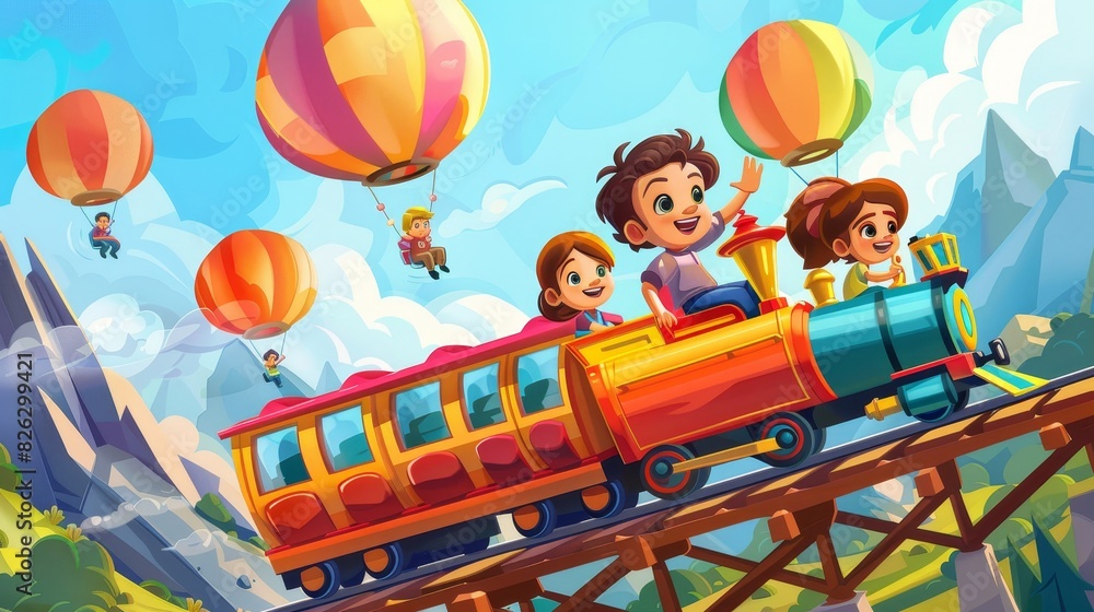 Advertising brochure template featuring cartoon kids on a train. Stock ...