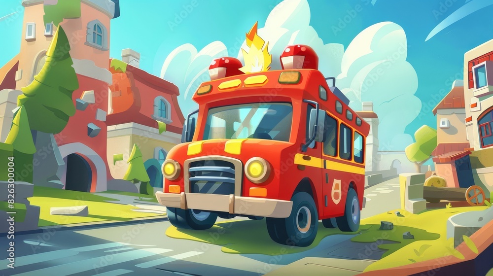 Cartoon happy and funny fire truck looking and smiling - illustration ...