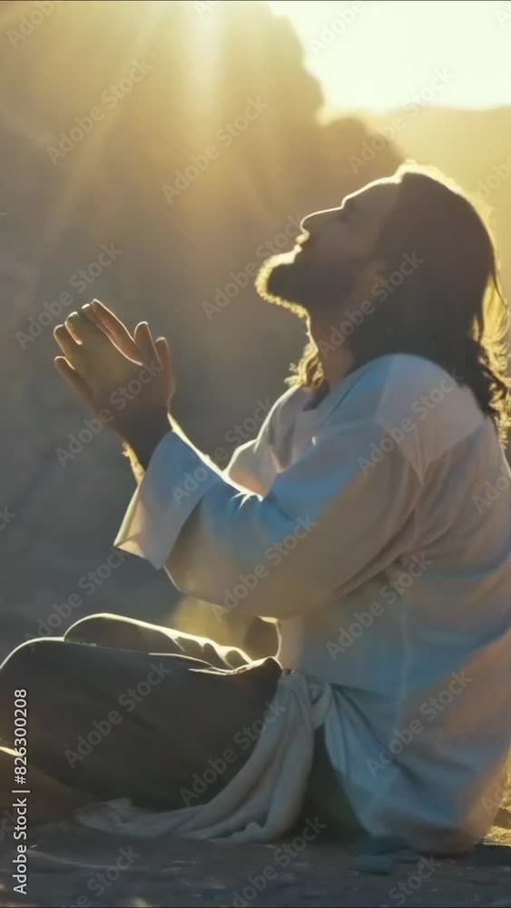 Jesus Christ praying in desert in holy light sunset rays - 4k 9x16 ...