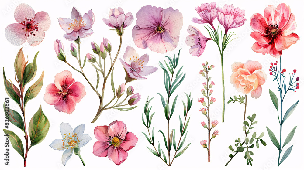 Hand drawn botanical art set with watercolor flowers and leaves ...