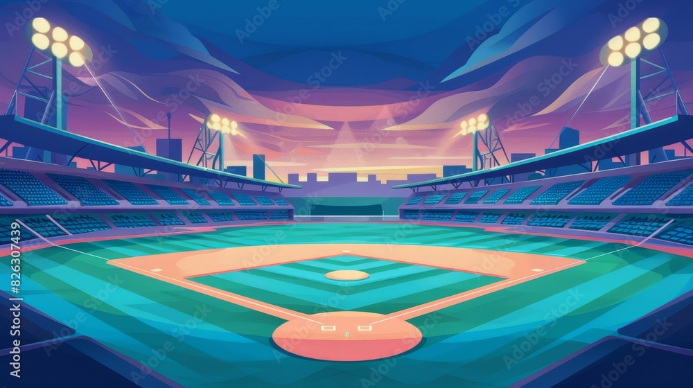 A cartoon illustration of a baseball stadium concept. It shows a sports ...