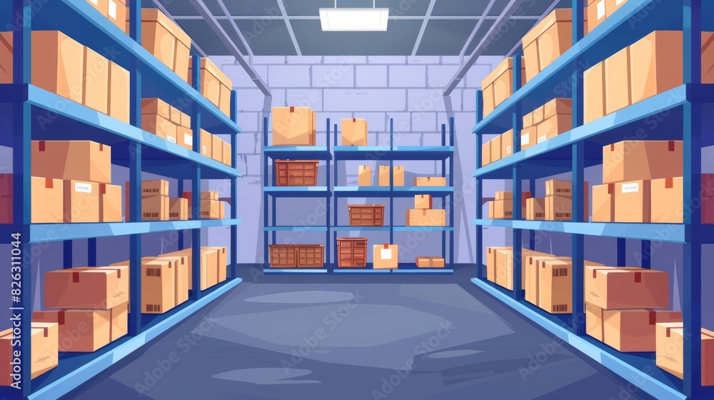 Cartoon illustration of warehouse storage room with cardboard boxes on ...