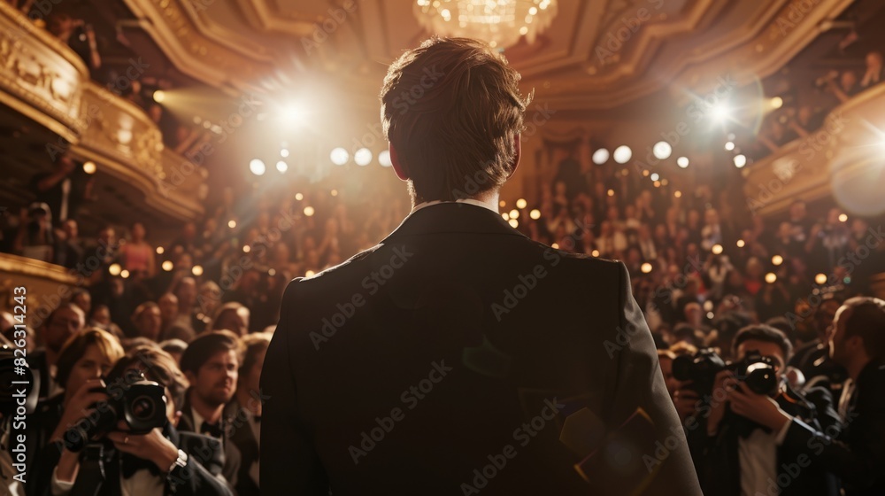 A person standing on stage facing a crowded audience in an elegant ...