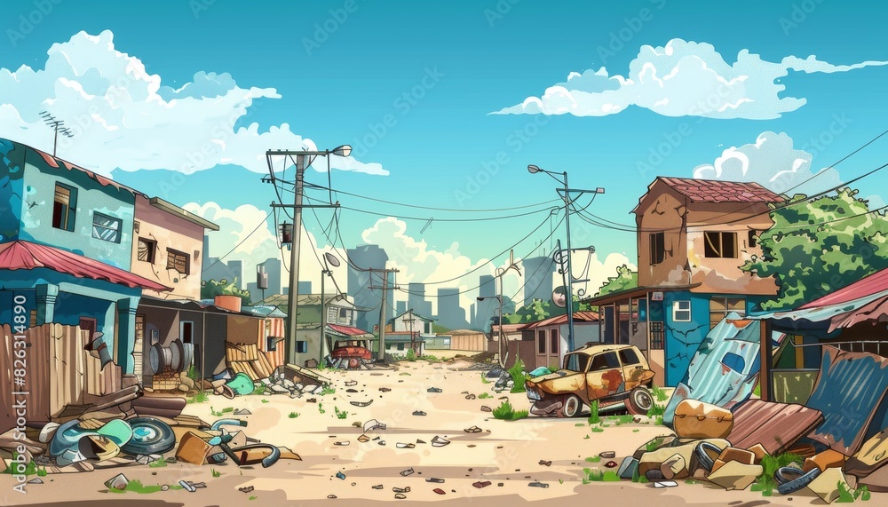 Poor dirty houses in a ghetto area are depicted in a 2D illustrated ...