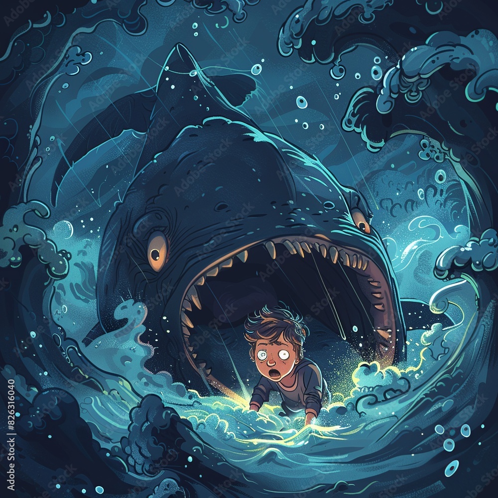 Step into a whimsical cartoon where Jonah engages in playful interactions with surprised sea ...