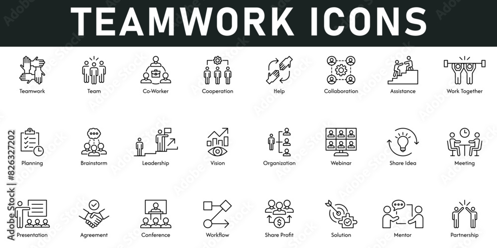teamwork Icons vector illustration with thin line editable stroke ...