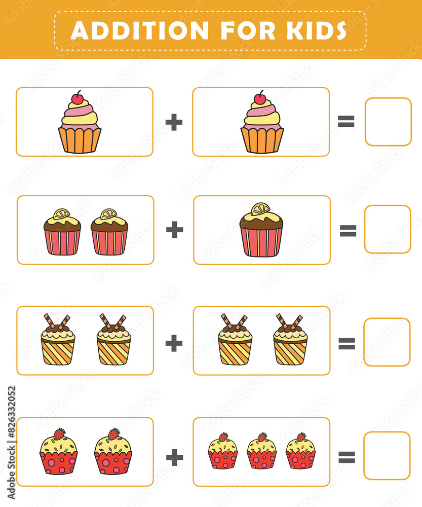 Preschool addition worksheet with cute cupcake illustration. Math ...