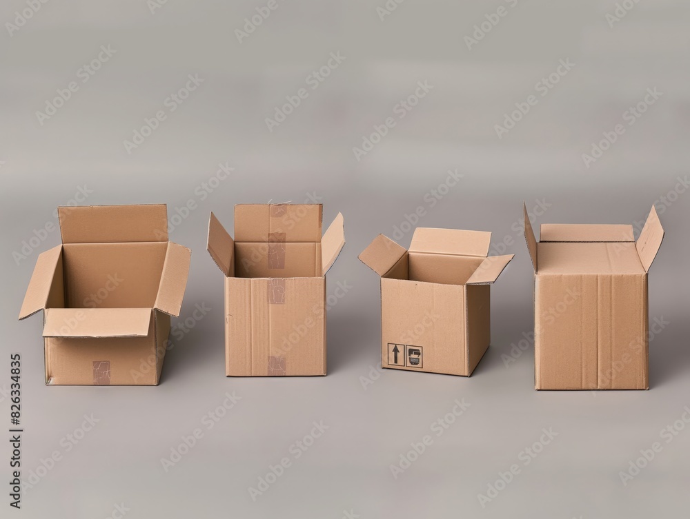 Four cardboard boxes in various stages of being opened, symbolizing ...