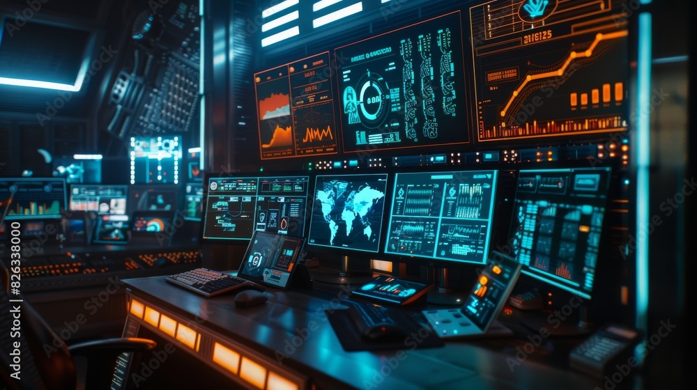 Professionals working on desktops with screens showing graphs, charts ...