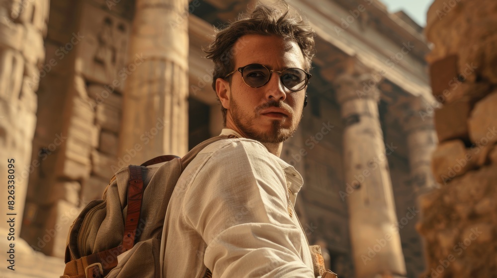 In this portrait, a handsome male adventurer poses and is looking at ...