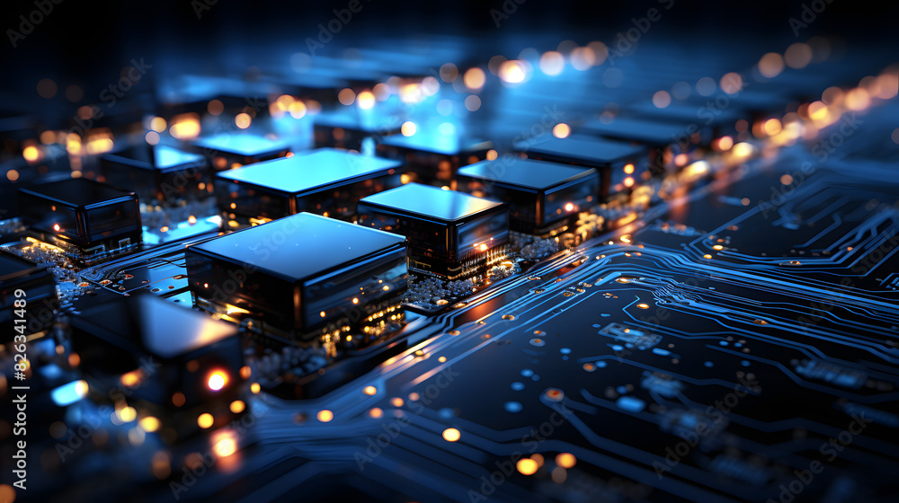 A minimalistic high-tech scene with data flowing from one chip to ...