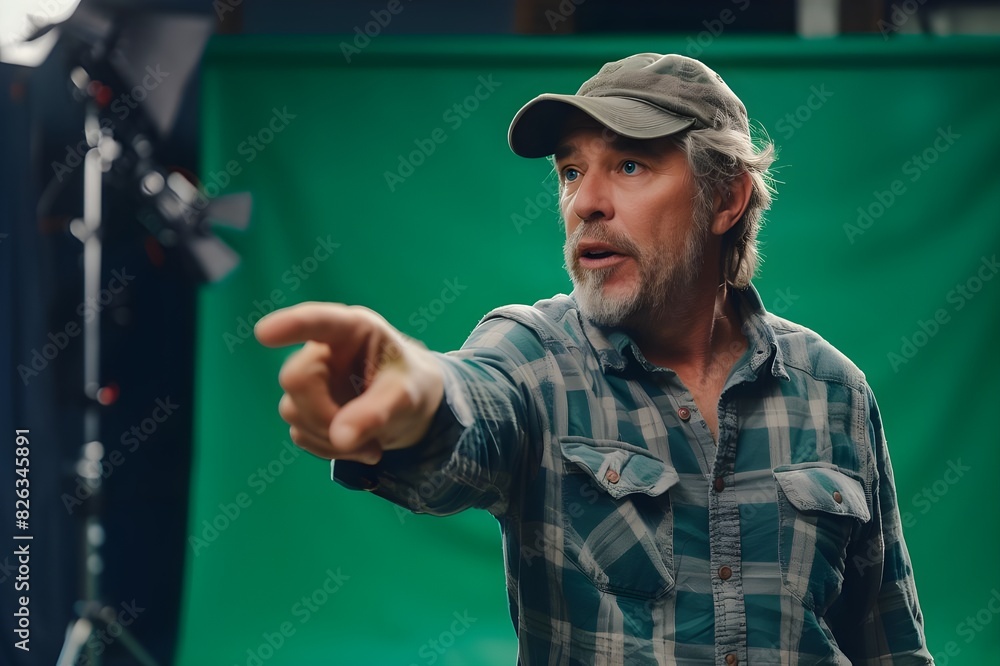 movie director giving directions on a film set with green screen Stock ...