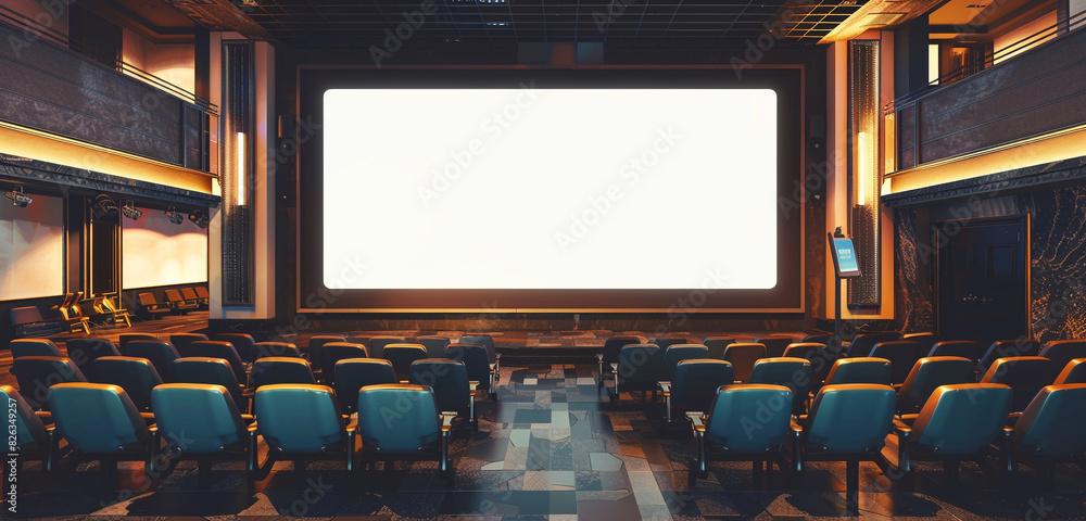 Cinema lobby with a blank movie poster display screen mockup, ready for ...