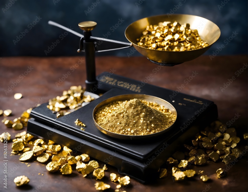 Shiny pure gold nuggets in black measuring scale, gold dust in metallic ...