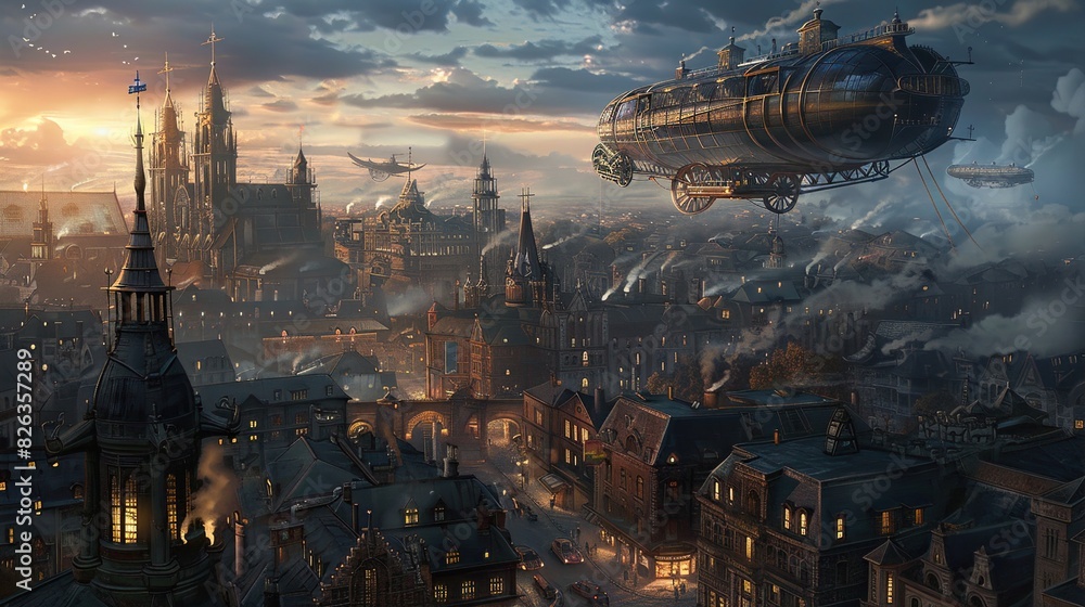 Steampunk city with airships and Victorian architecture Stock ...