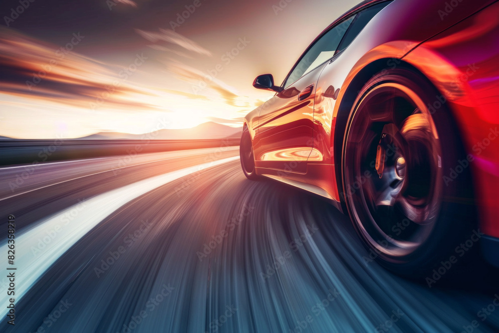 A sports car accelerating on a highway, captured from a low angle ...