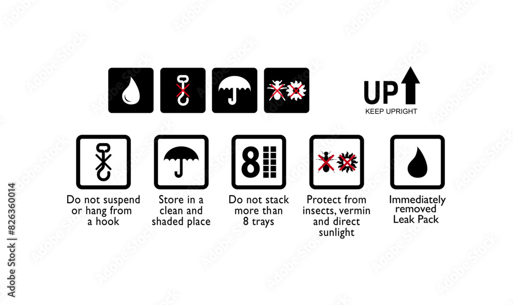 Set Of Packaging Symbols (this side up, handle with care, fragile, keep dry, do not drop, do not ...