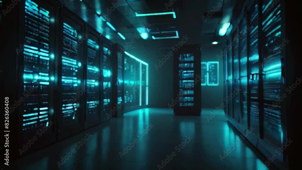 Explore the inner workings of a server room within a data center or ISP, where rows of network ...