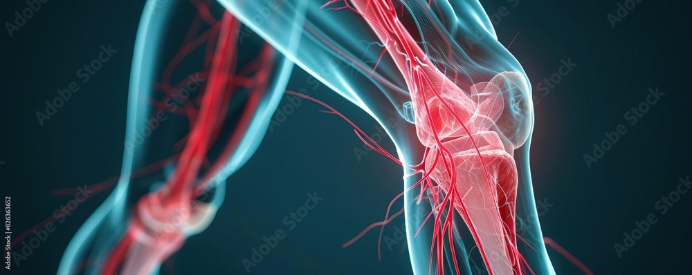 A medical image showing a red line on the anterior right thigh ...