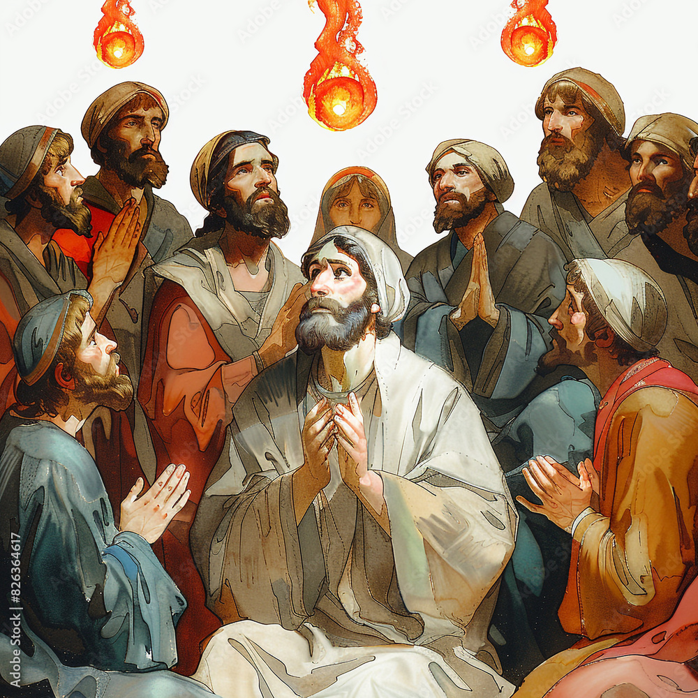 The descent of the Holy Spirit on the Apostles, Christian illustration ...
