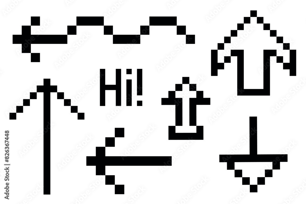 Pixel arrows set. Simple black arrows pixel art. Isolated vector ...