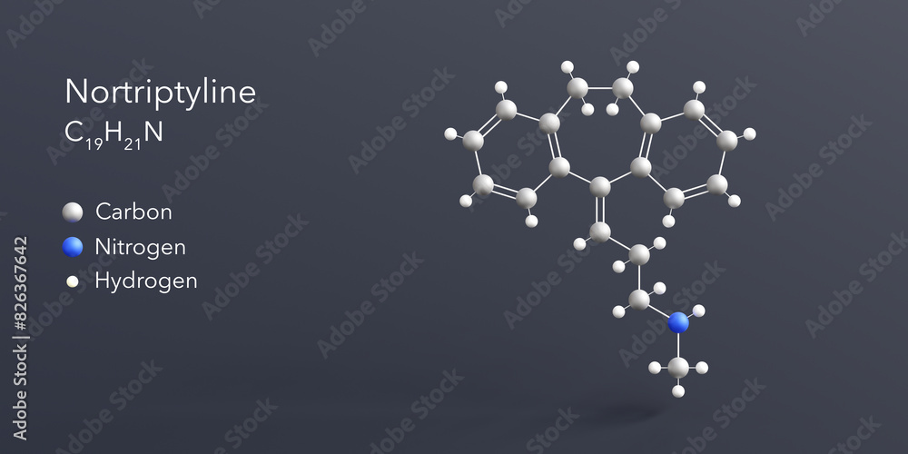nortriptyline molecule 3d rendering, flat molecular structure with ...