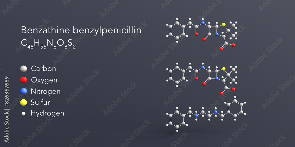 benzathine benzylpenicillin molecule 3d rendering, flat molecular ...