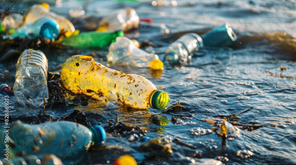The numerous discarded plastic bottles floating in polluted water ...