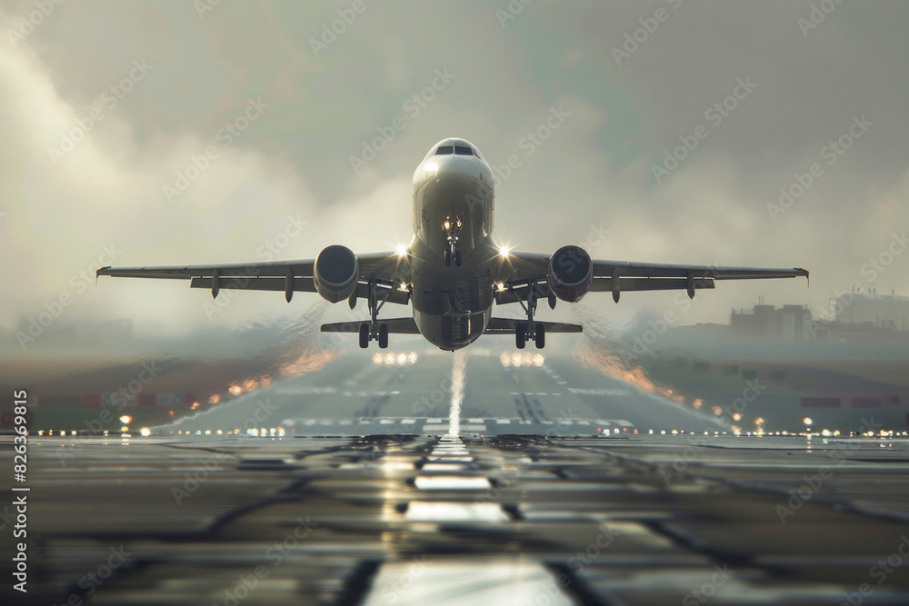 A jet plane taking off from a runway, captured from the ground level ...