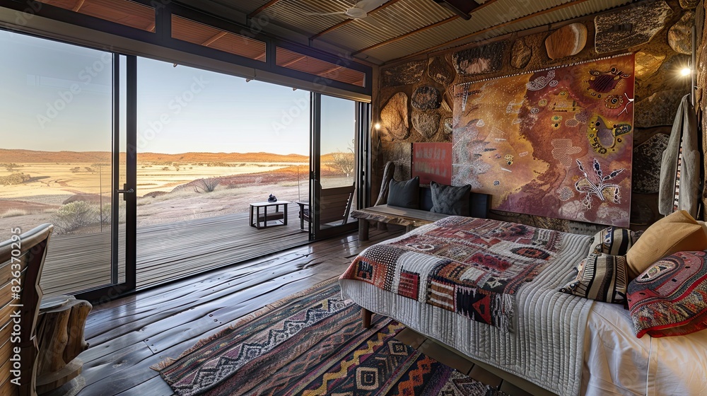 bedroom with an Australian outback theme, featuring Aboriginal art ...