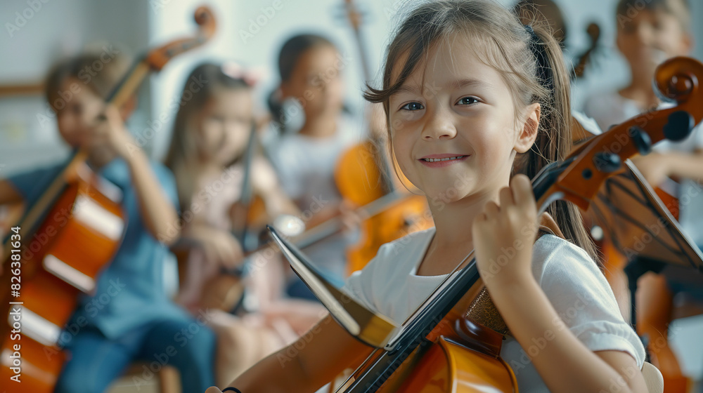 Children's music class, a group of kids playing various musical ...