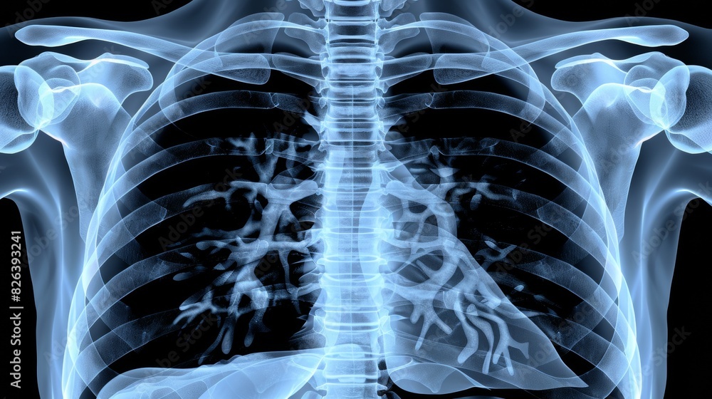 Detailed x-ray image of the respiratory system, showcasing the trachea ...
