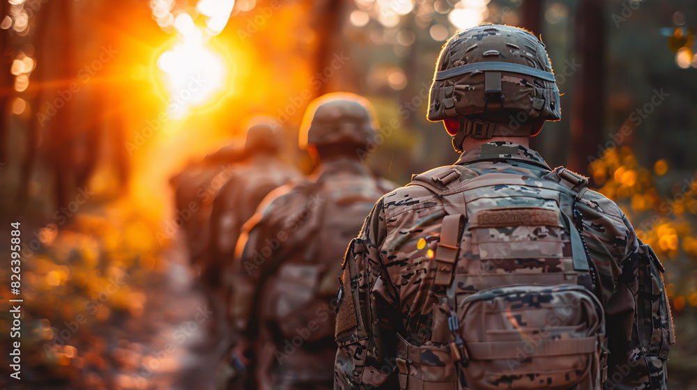 Soldier in helmet and body armor holds a weapon up rear view from the ...